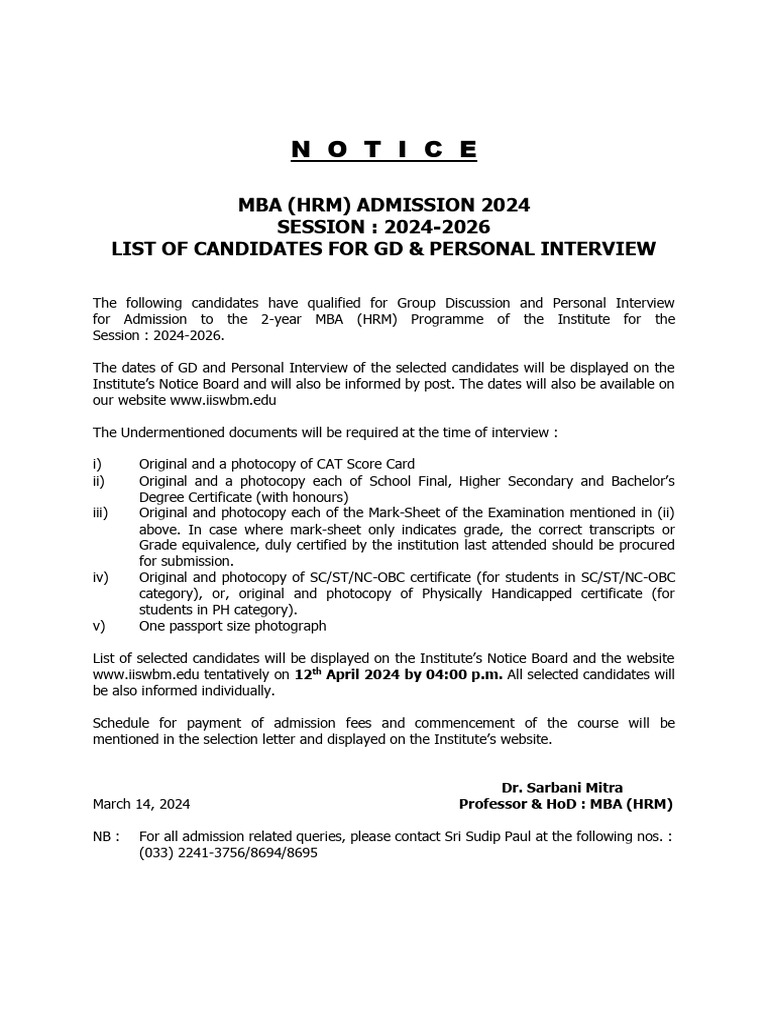 Mba HRM 24 26 Short Listed Candidates | PDF