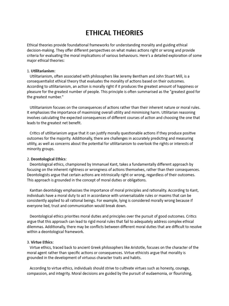 Ethical Theories Assignment | PDF | Utilitarianism | Virtue Ethics