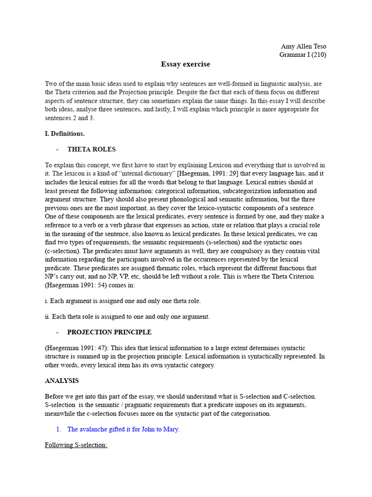 Theta Criterion vs. Projection Principle | PDF | Lexical Semantics ...