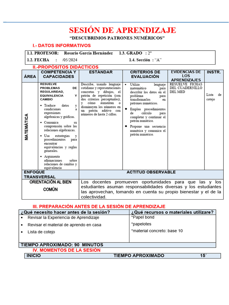 Sesión de Aprendizaje de Patrones Numéricos 2° | PDF | Aprendizaje