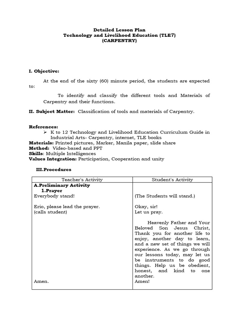 Carpentry Tools and Materials Lesson Plan | PDF | Screw | Woodworking