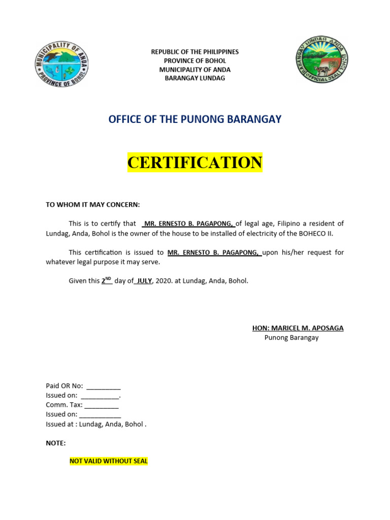 Certification of Installation of Elec. of The Boheco | PDF | Law