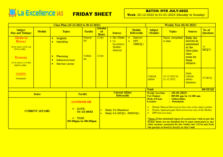 Friday Sheet: Week: 25-12-2022 To 01-01-2023 (Monday To Sunday) | PDF ...