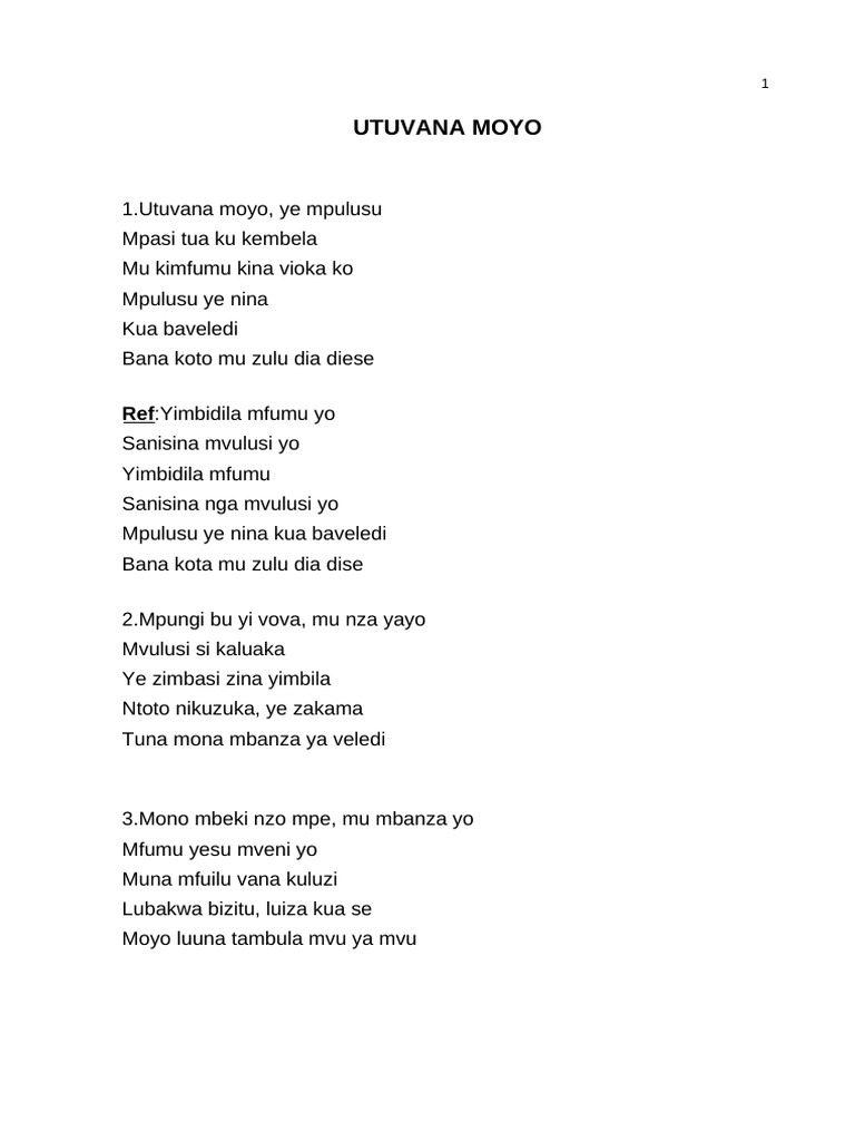 Utuvana Moyo: Ref:Yimbidila Mfumu Yo | PDF