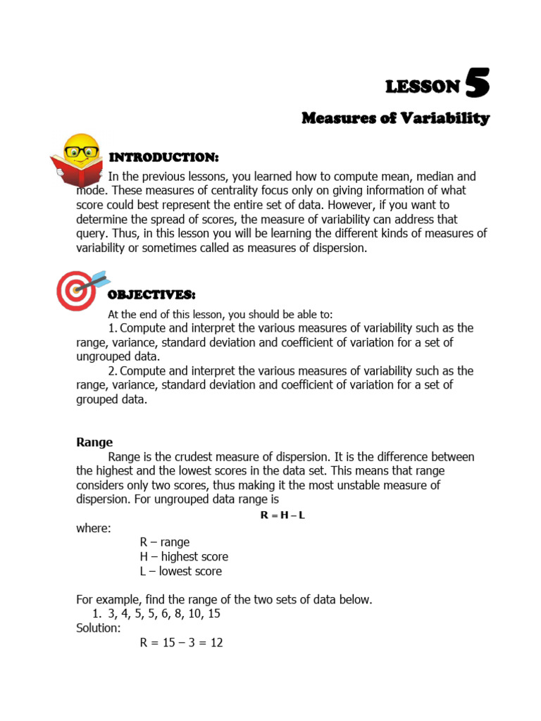 Lesson 5 Measures Of Variability Pdf Variance Standard Deviation