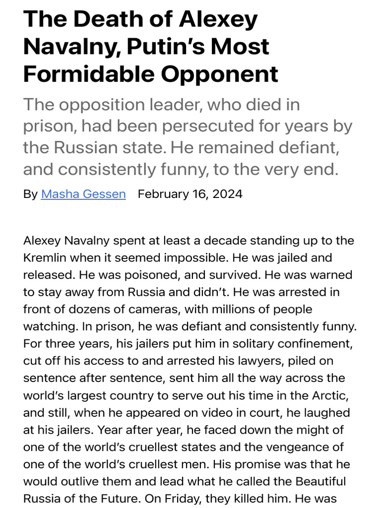 The Death of Alexey Navalny, Putin's Most Formidable Opponent - The New Yorker | PDF | Alexei ...