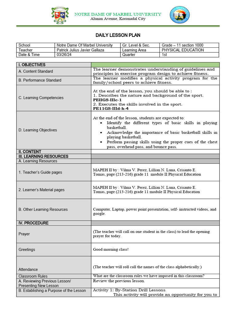 Daily Lesson Plan Basketball | PDF | Learning | Teachers