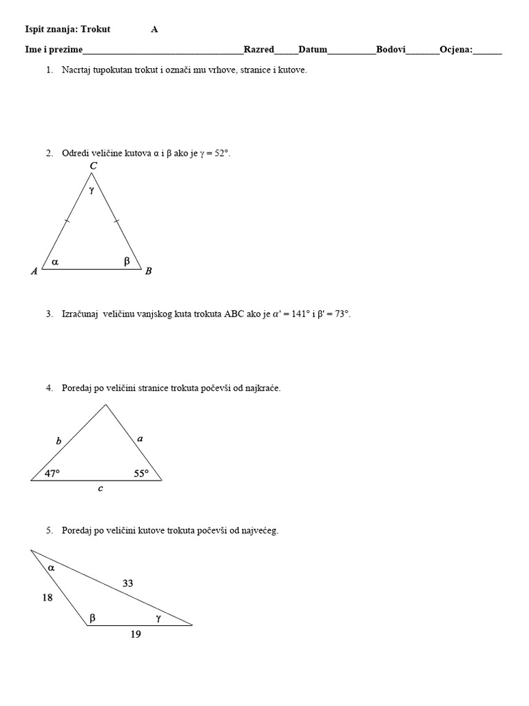 Ispit Znanja Trokut 6.r A | PDF