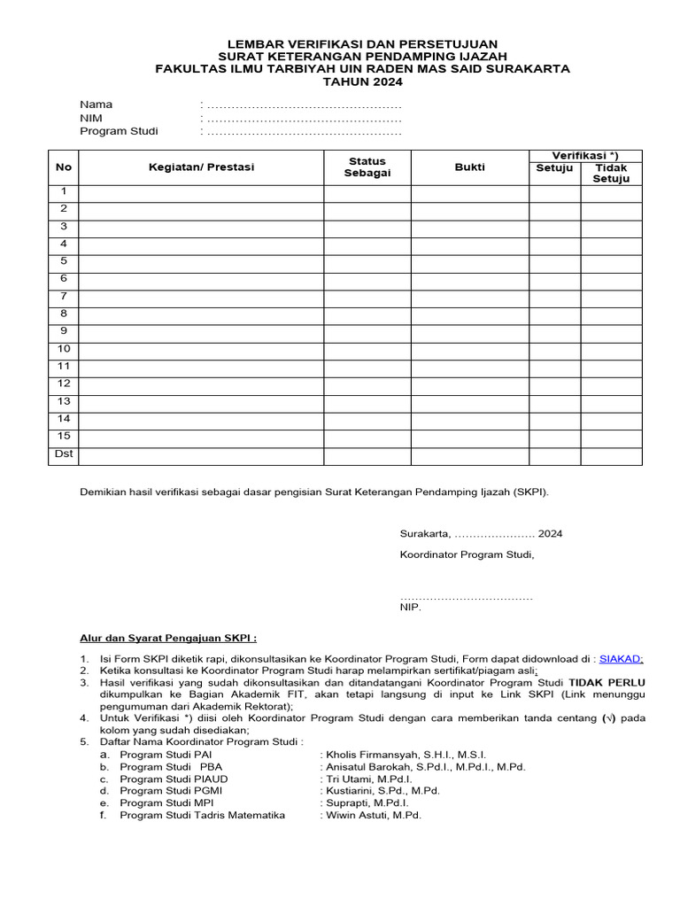 FORM LEMBAR VERIFIKASI DAN PERSETUJUAN SKPI 2024 | PDF