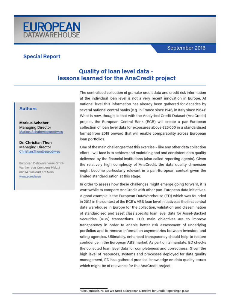 AnaCredit Data Quality Insights | PDF | European Central Bank ...