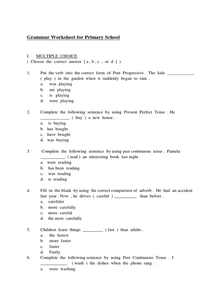 Grammar Worksheet For Primary School | PDF | Grammar | Linguistics