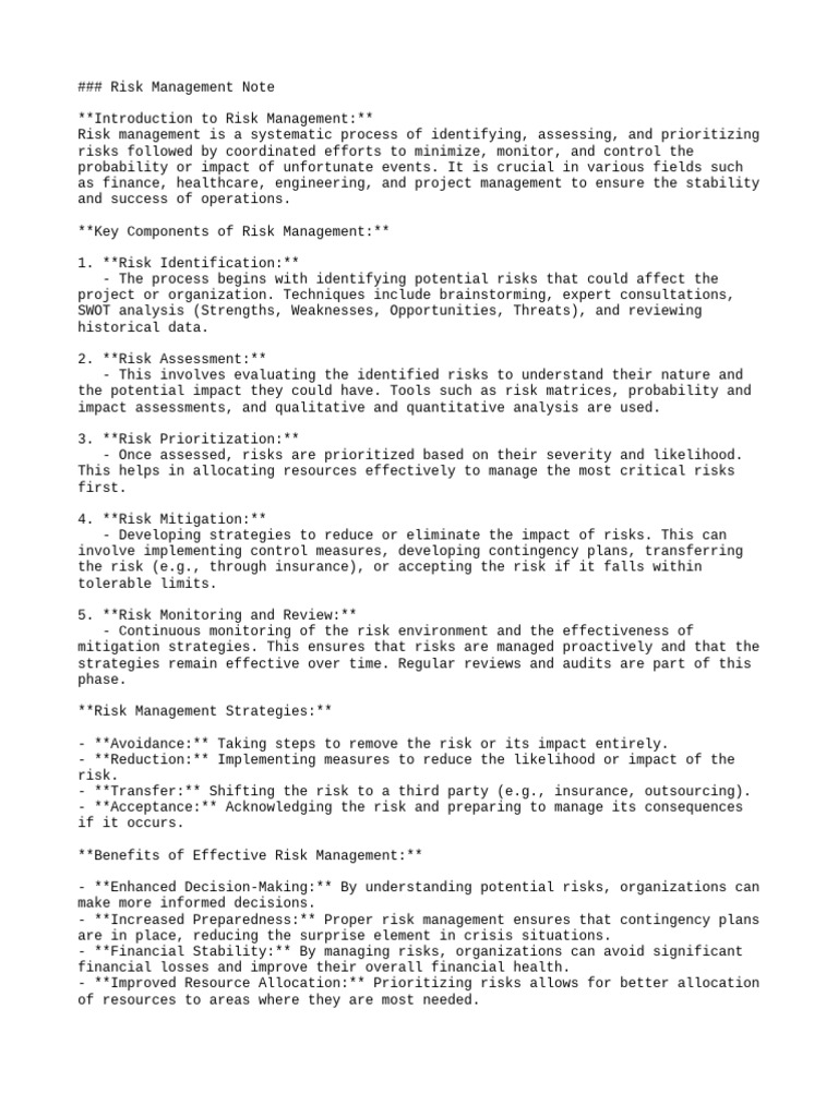 Risk Management Note | PDF | Risk Management | Risk