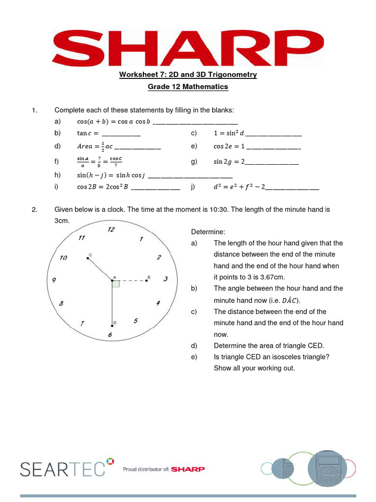 Grade 12 3D Trigonometry Worksheet | PDF | Angle | Elementary Geometry