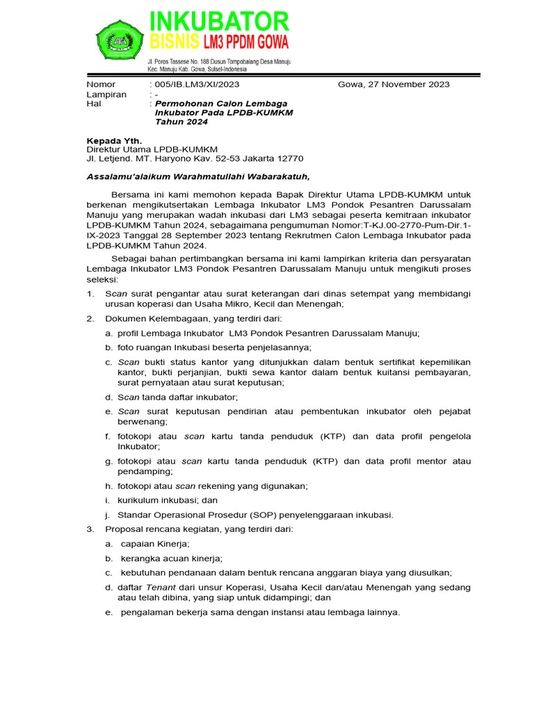 Surat Permohonan Kepada Direktur LPDM | PDF