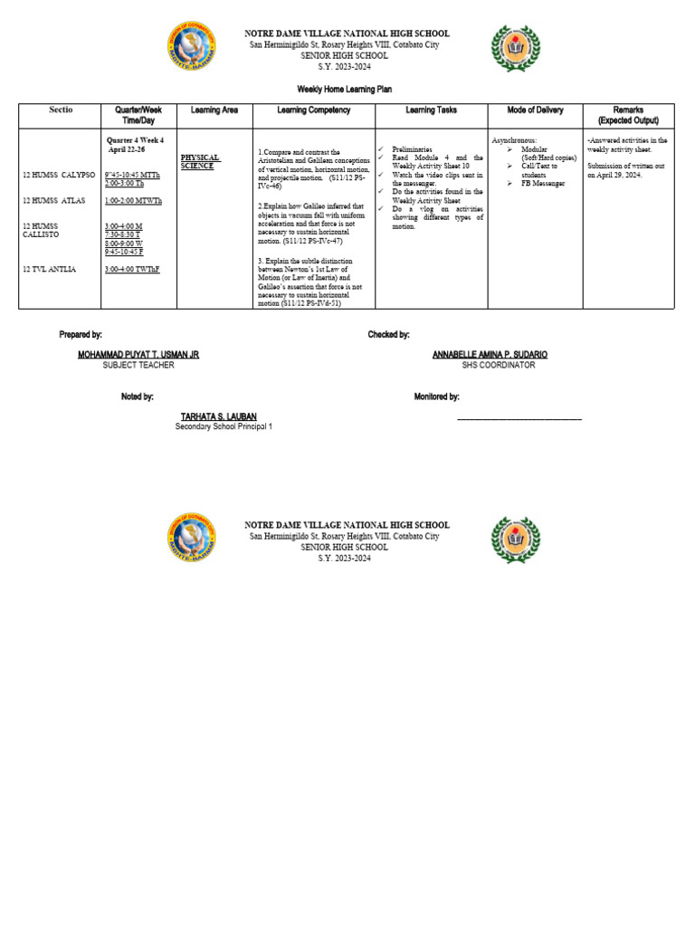 Senior High Weekly Learning Plan | PDF | Galileo Galilei | Force