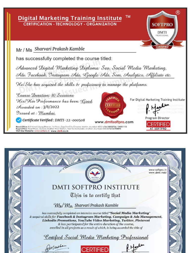 Certificate For Sharvari Prakash Kamble For - 'ADMD' - Create Student Cer... | PDF | Business