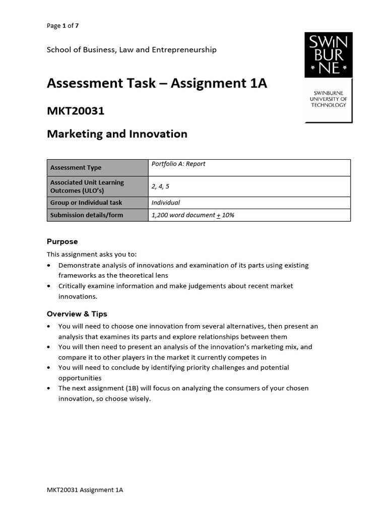 MKT20031 Assignment 1 - HS1 - 2023-2 | PDF | Innovation | Evidence