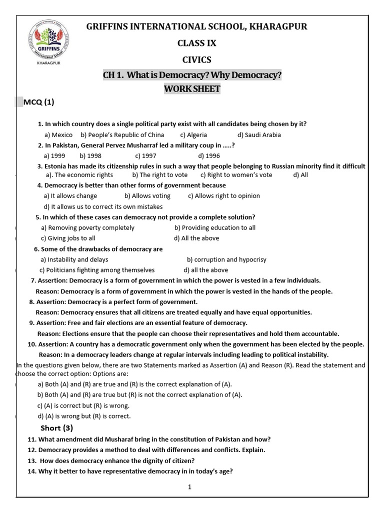 Civics Worksheet | PDF | Democracy | Political Ideologies