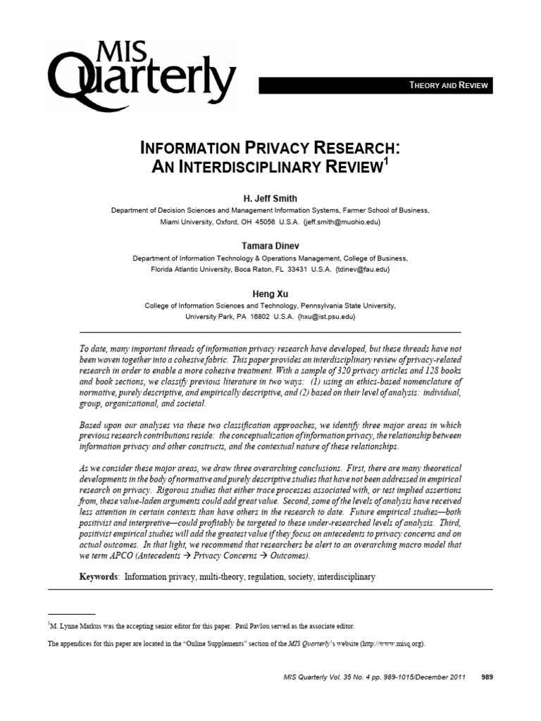 Information Privacy Research - An Interdisciplinary Review - Smith ...