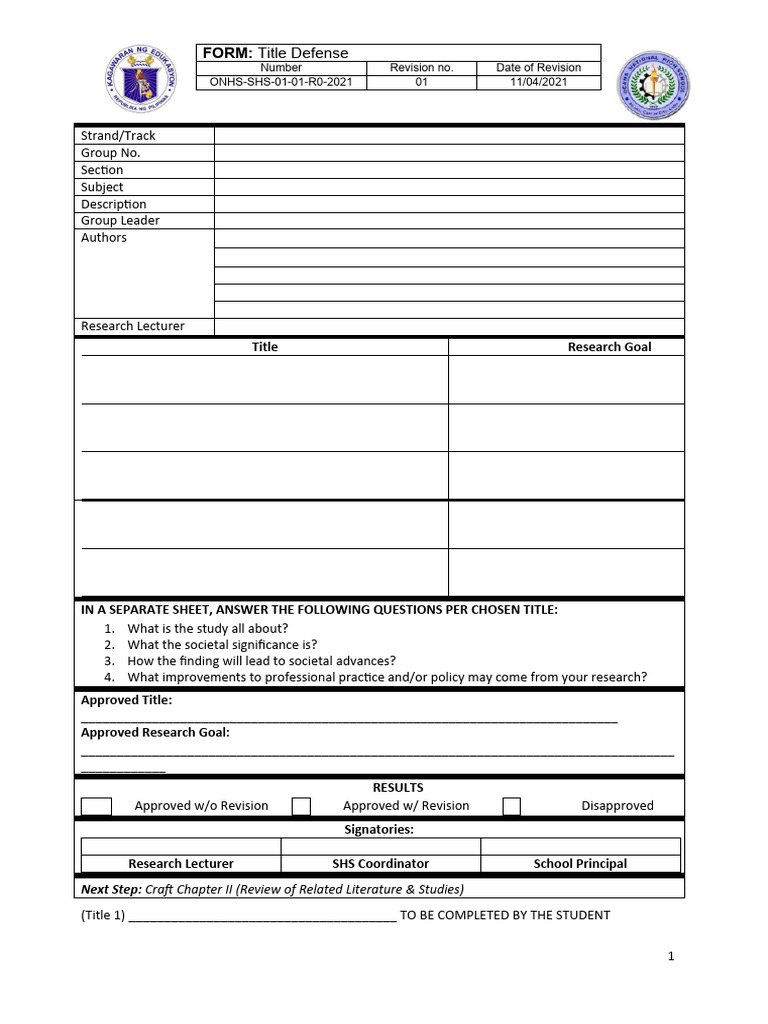 ONHS SHS 01 R01 2023 Title Defense Form | PDF | Art