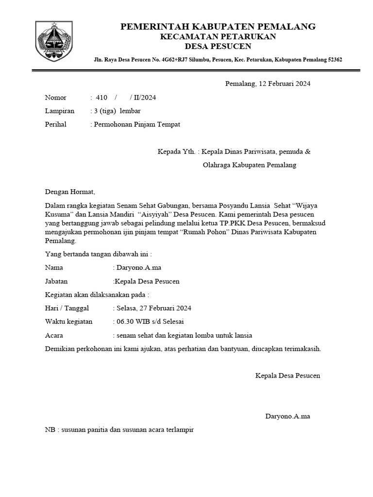 Surat Permohonan Ijin Tempat | PDF