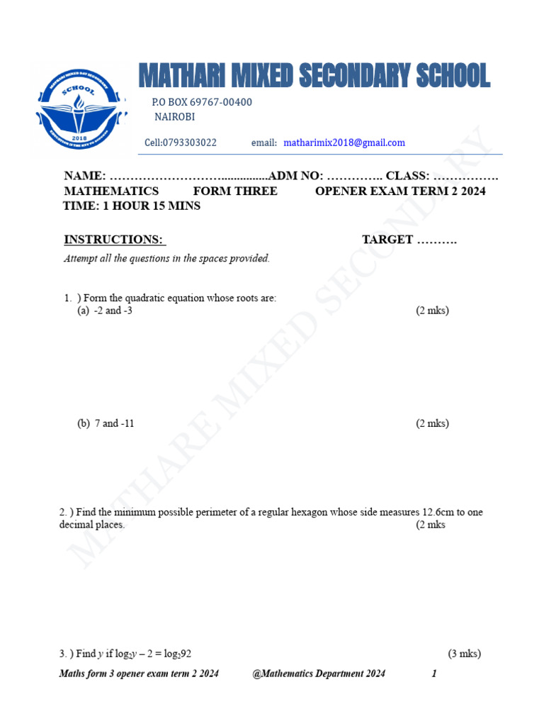 Form 3 Mathematics Opener Exam 2024 | PDF | Speed | Elementary Mathematics