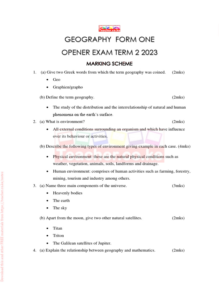 GEOGRAPHY F1 MS Term 2 Opener 2023 Teacher - Co - Ke | PDF | Earth ...