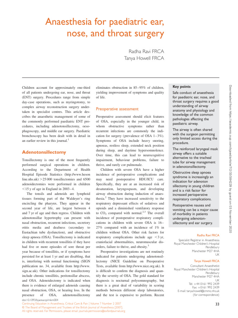 Anaesthesia For Paediatric Ear Nose And Throat Surgery 2007