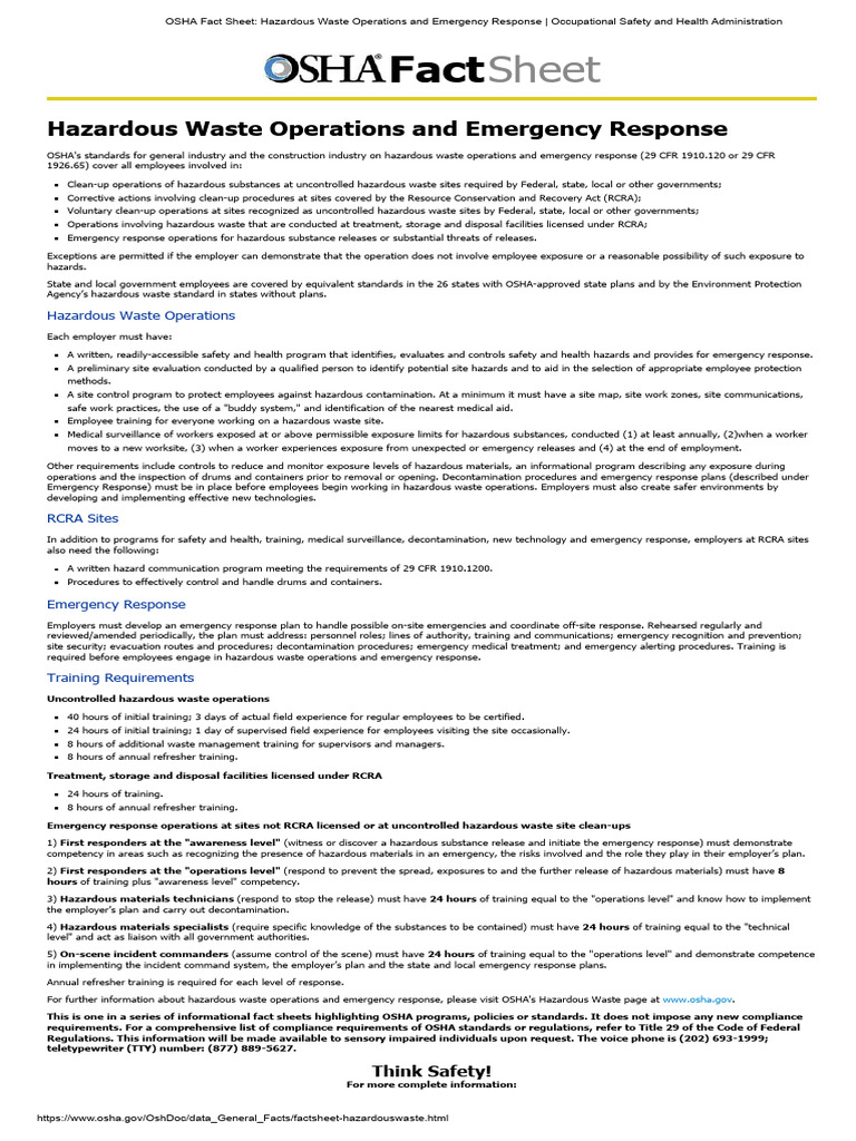 OSHA Fact Sheet Hazardous Waste Operations and Emergency Response | PDF ...