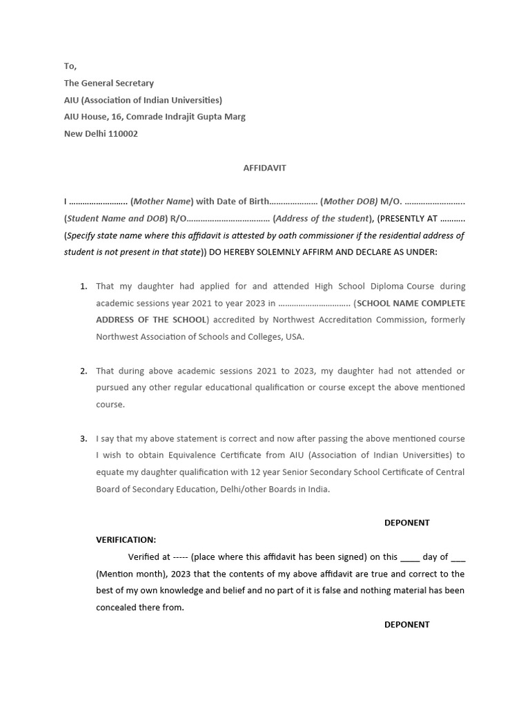 Final Affidavit Declaration When Applying For AIU (12th Class) Mother | PDF | Law | Wellness