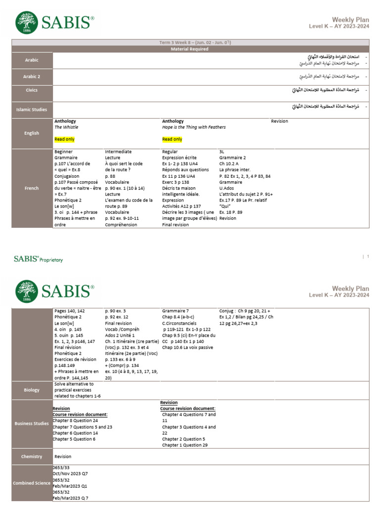 2324 Level K SABIS Weekly Plan T3 Wk8 Muscat | PDF | Grammaire ...