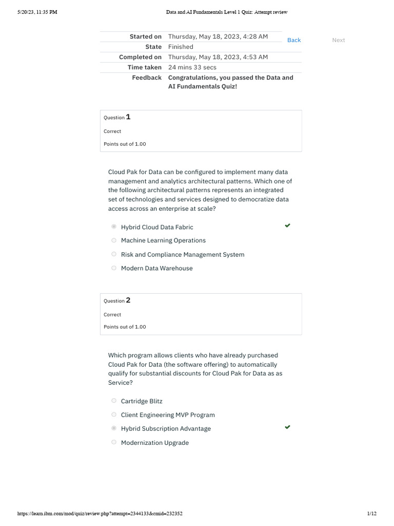 Data and AI Fundamentals Level 1 Quiz PASSED | PDF | Cloud Computing | Software As A Service