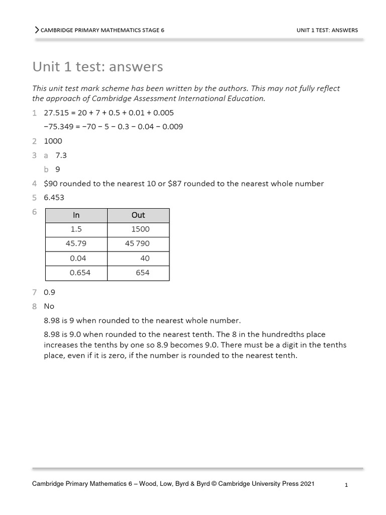 Prim Maths 6 2ed TR Unit Test Answers | PDF | Rectangle | Euclidean ...
