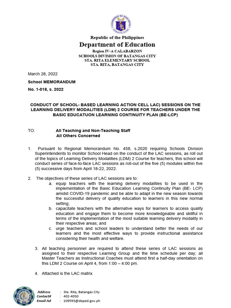 SRES School Memo in LAC 2022 | PDF | Learning | Teachers