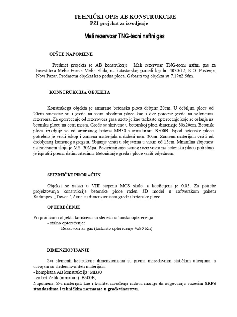 Tehnicki Opis Pzi Temelj Za Rezervoar Rev1 | PDF