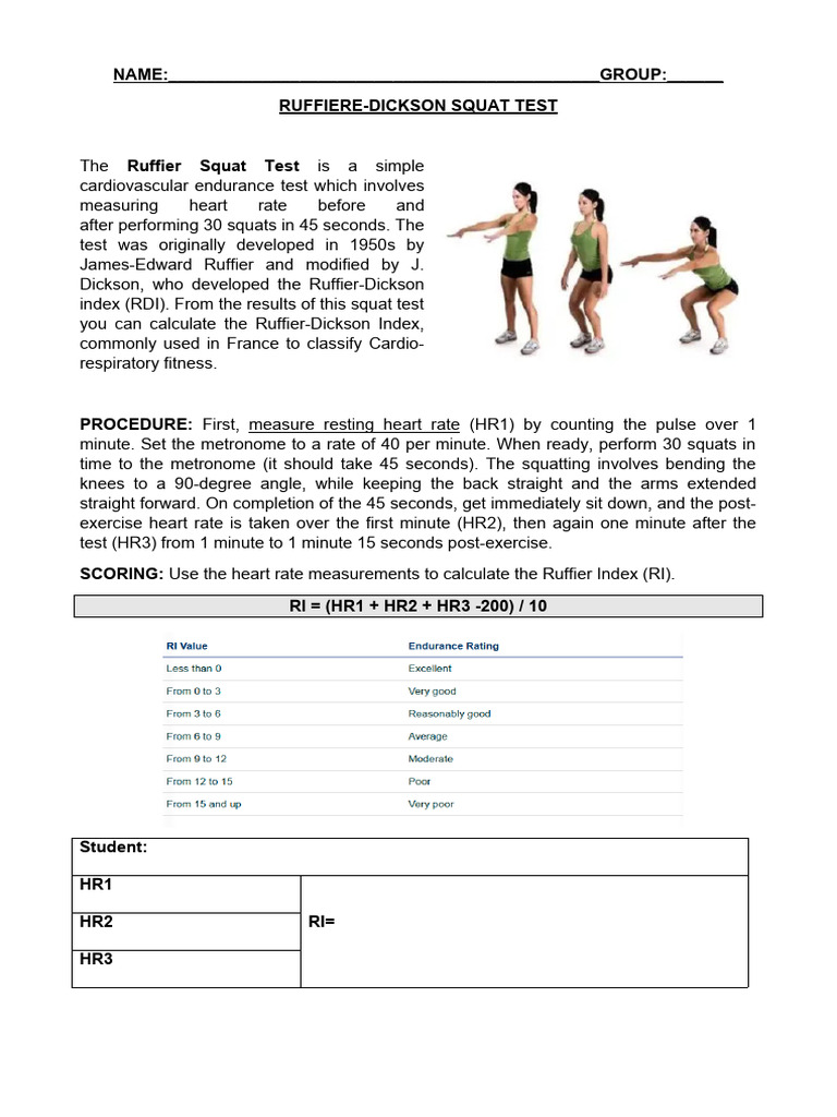 Ruffiere Dickson Squat Test and Rockport Walking Test | PDF ...