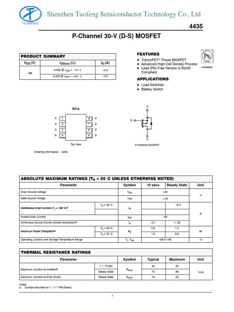 datasheet mosfet 4435 | Download Free PDF | Field Effect Transistor ...