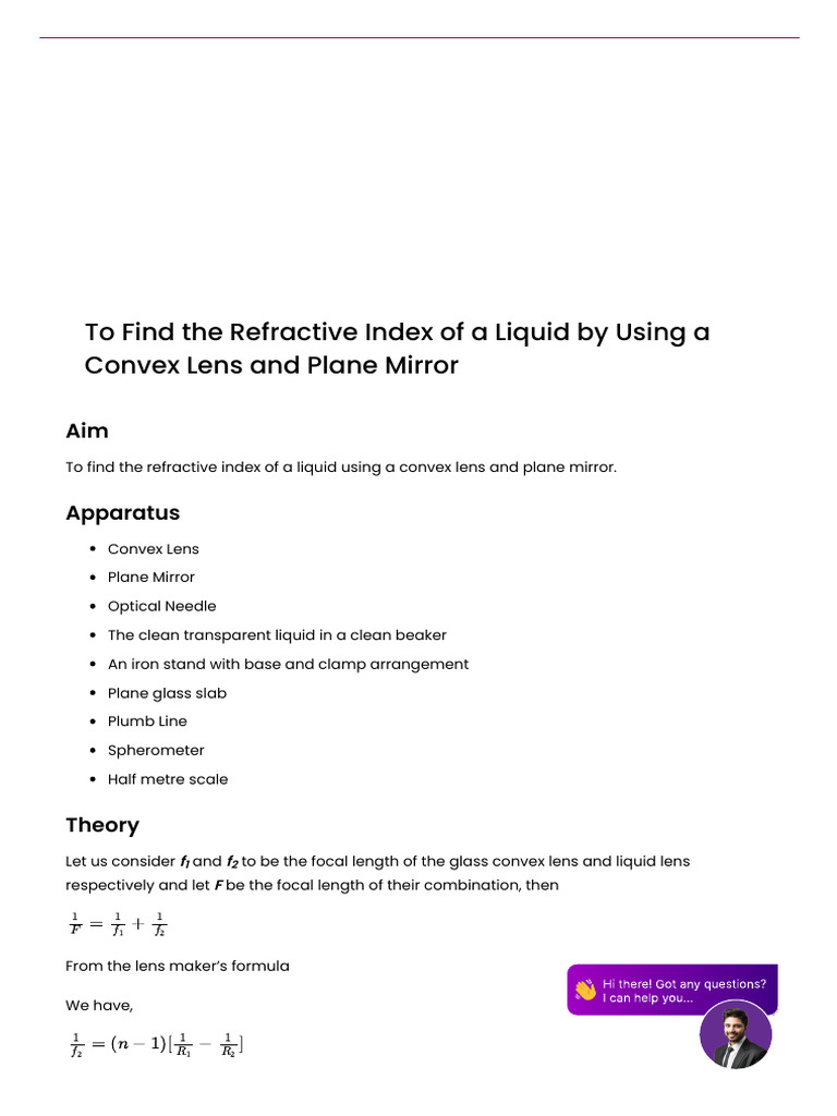 To Determine The Refractive Index Of Liquid Using A Convex Lens | PDF | Refractive Index | Mirror