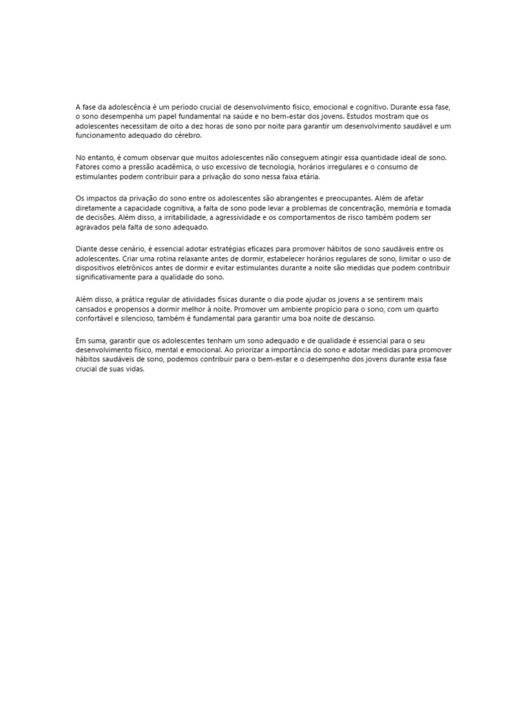 A Importância Do Sono Adequado para Os Adolescentes | PDF