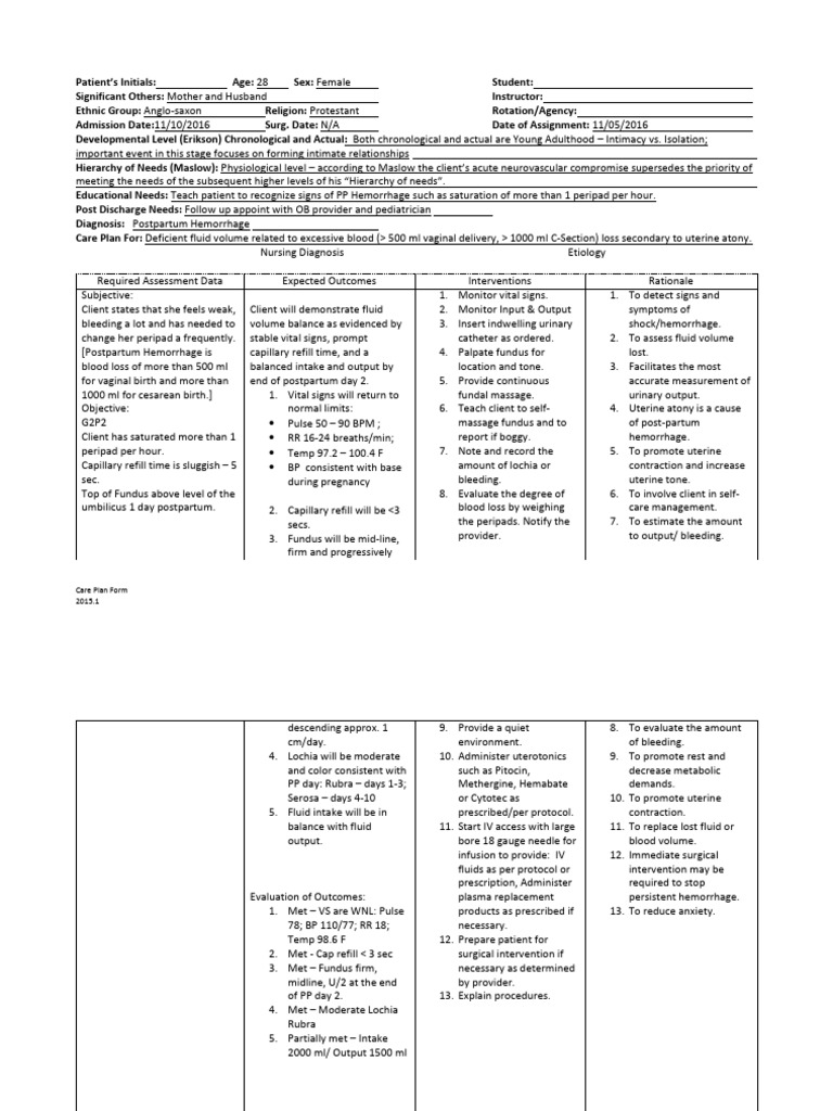 OB Care Plan - PP Hemorrhage - A.Hadad | PDF | Postpartum Period ...