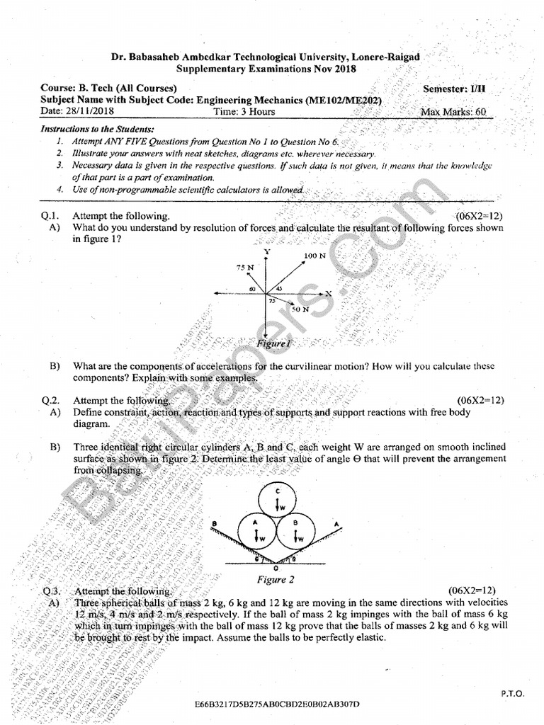 Btech-Engg. Mechanics (EM) Question Paper-nov-2018 | PDF