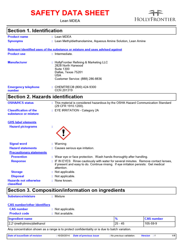 Lean MDEA Safety Data Sheet | PDF | Waste | Dangerous Goods