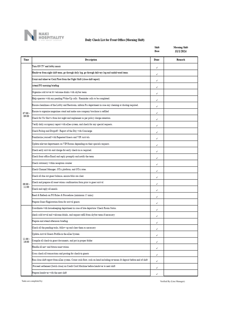 2024 01 31 NKH Front Office Daily Check List Morning Shift-1 | PDF ...