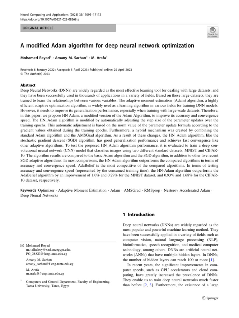 A Modified Adam Algorithm For Deep Neural Network Optimization PDF