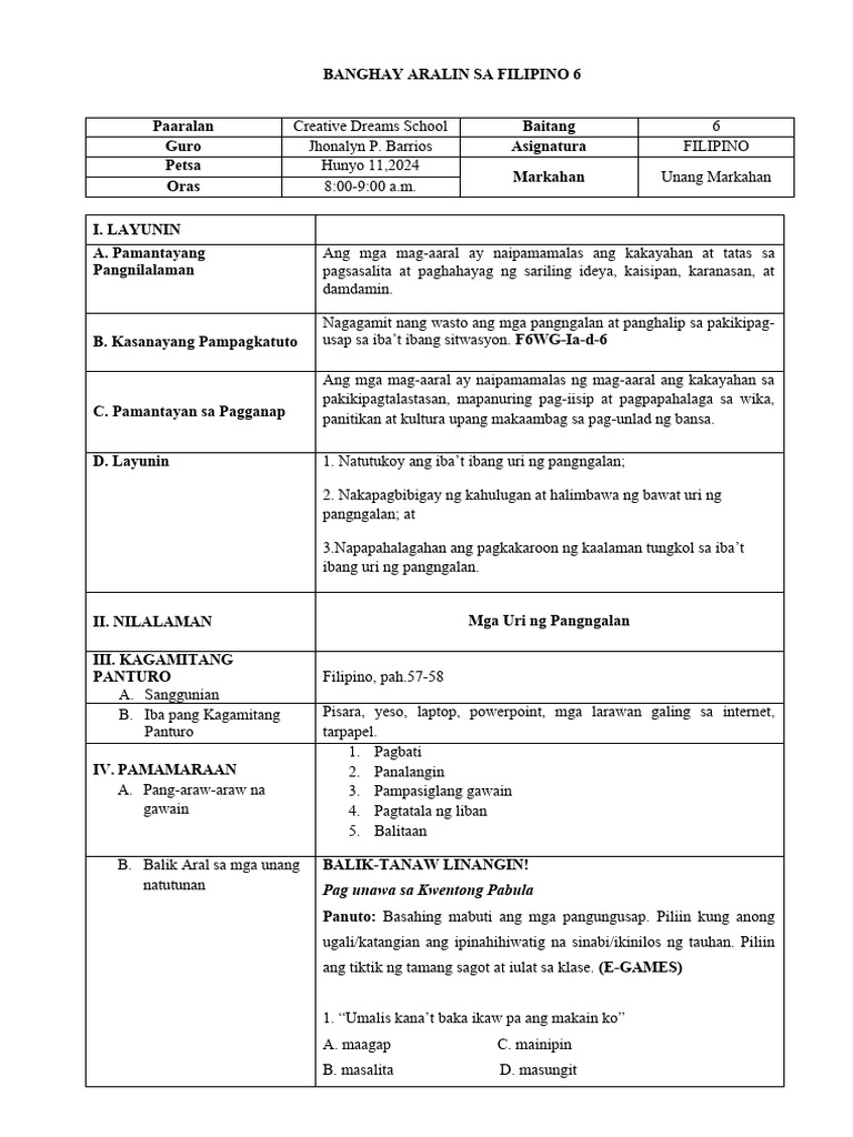 Banghay Aralin Sa Filipino 6 | PDF