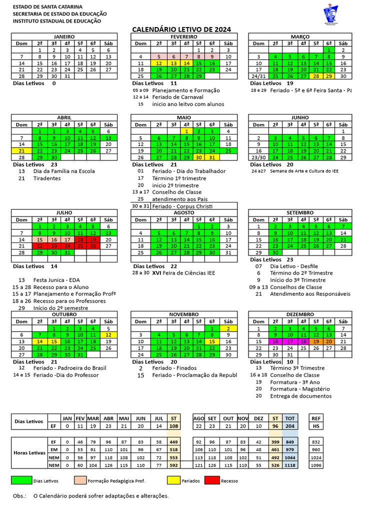Calendário Escolar - Iee - 2024 | PDF