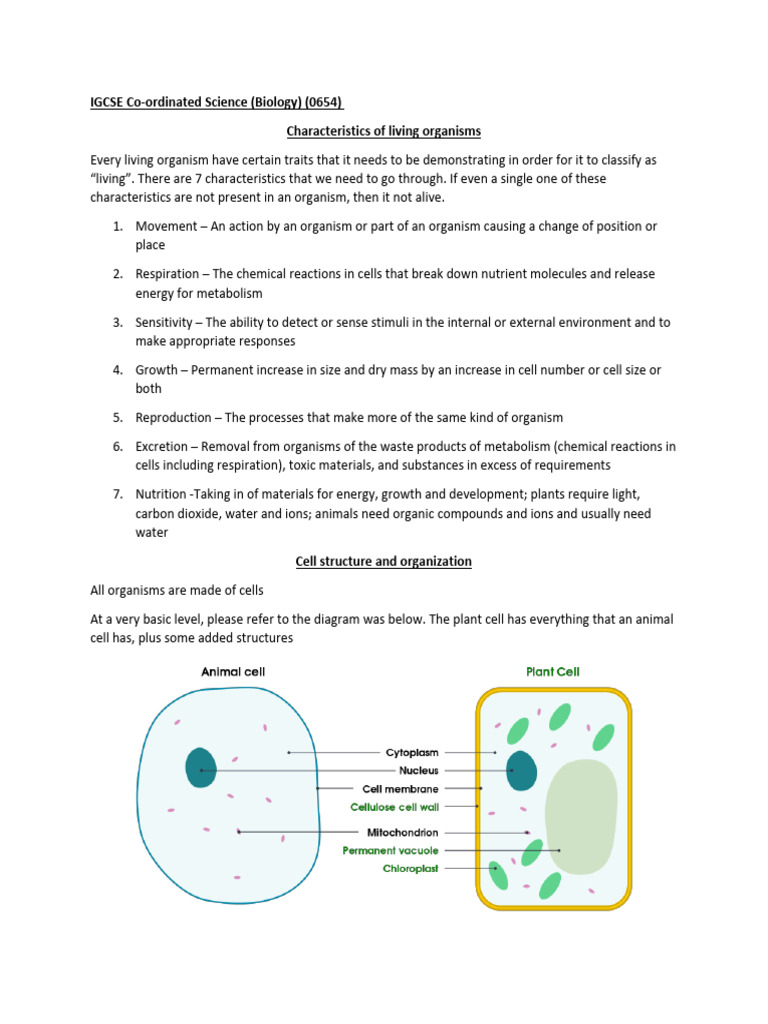IGCSE Co-Ordinated Science (Biology) 0654 Notes Form 3 and 4 2024 | PDF ...