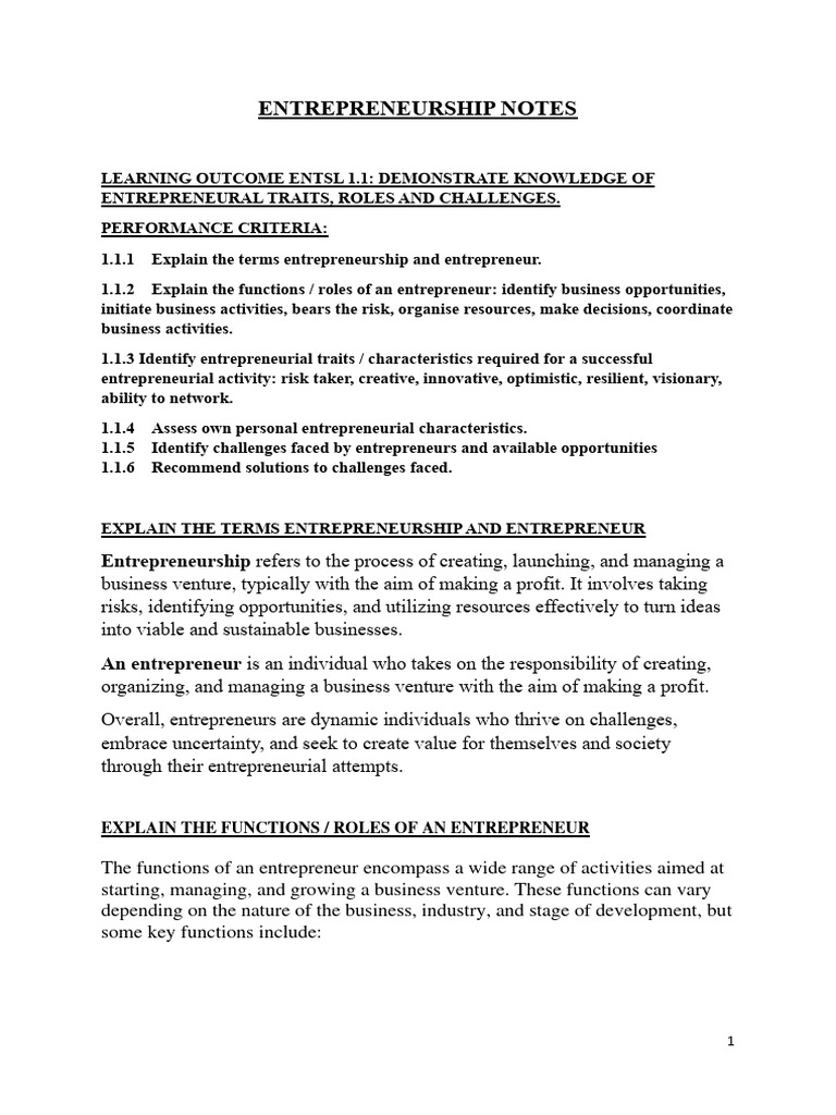 Entrpreneurship Notes - Module 1 | PDF | Entrepreneurship | Startup Company