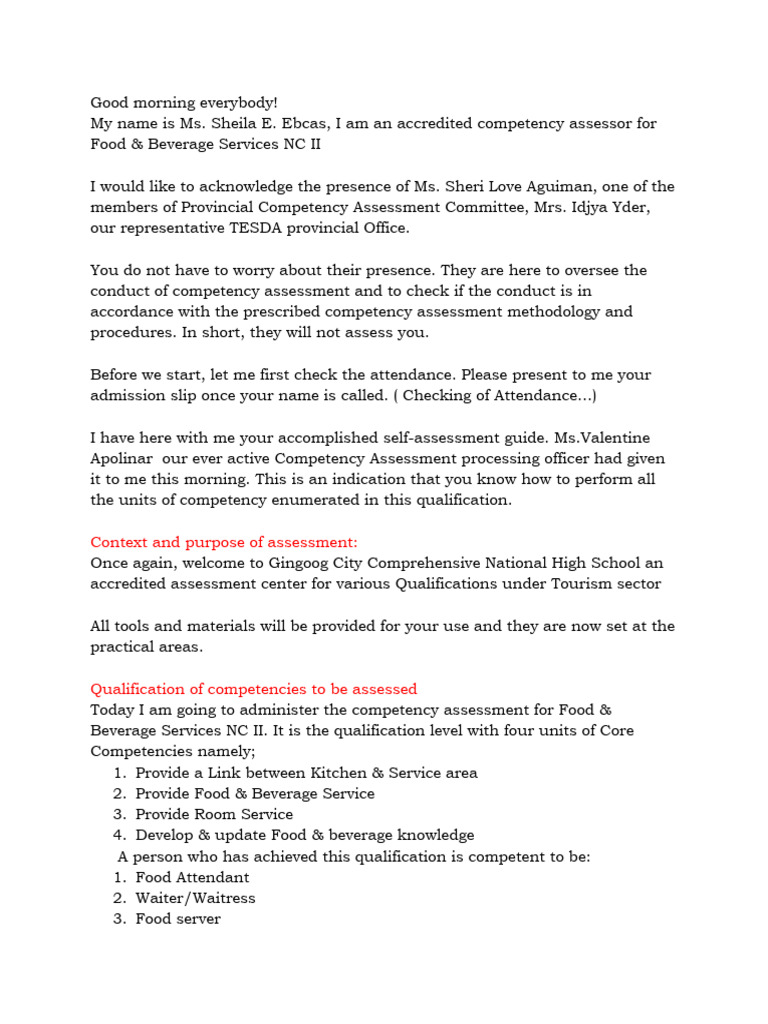 conduct-assessment-script-sample | Download Free PDF | Waiting Staff ...