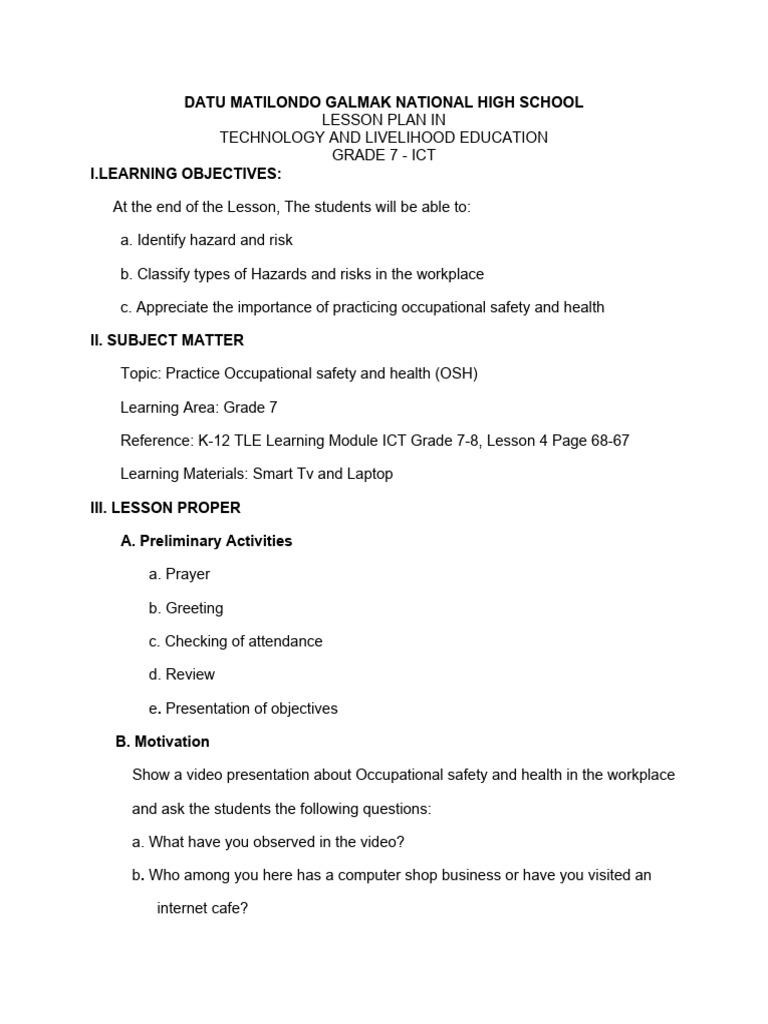 ICT LESSON PLAN | Download Free PDF | Occupational Safety And Health ...